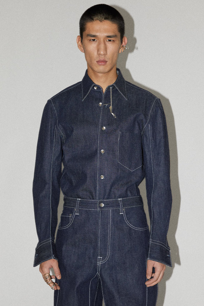 Navy Raw Denim Curved Arm Shirt – KARMUEL YOUNG
